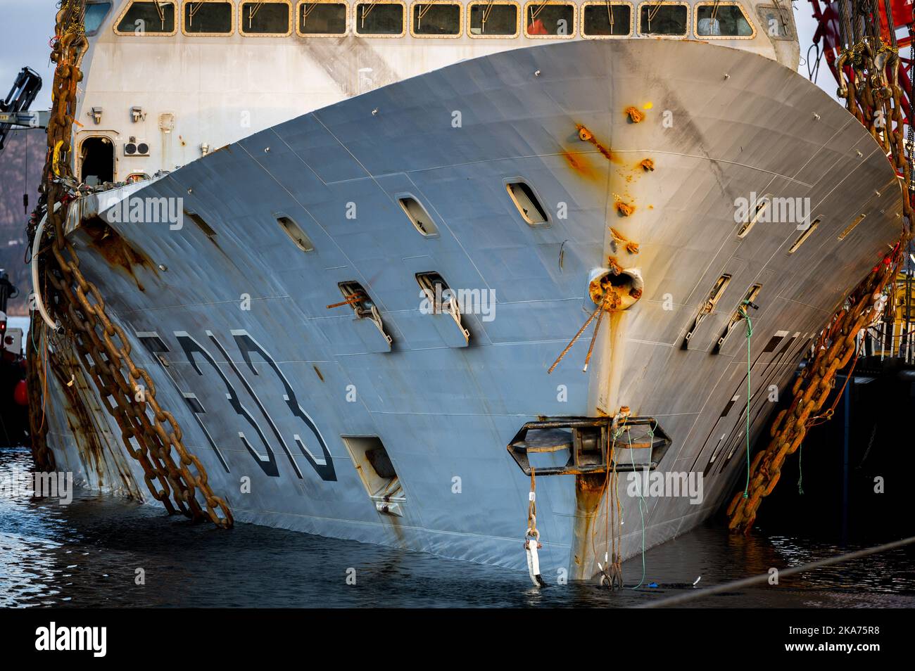 Bergen, Norway 20190228. Trhe wreck of the broken frigate KNM Helge ...