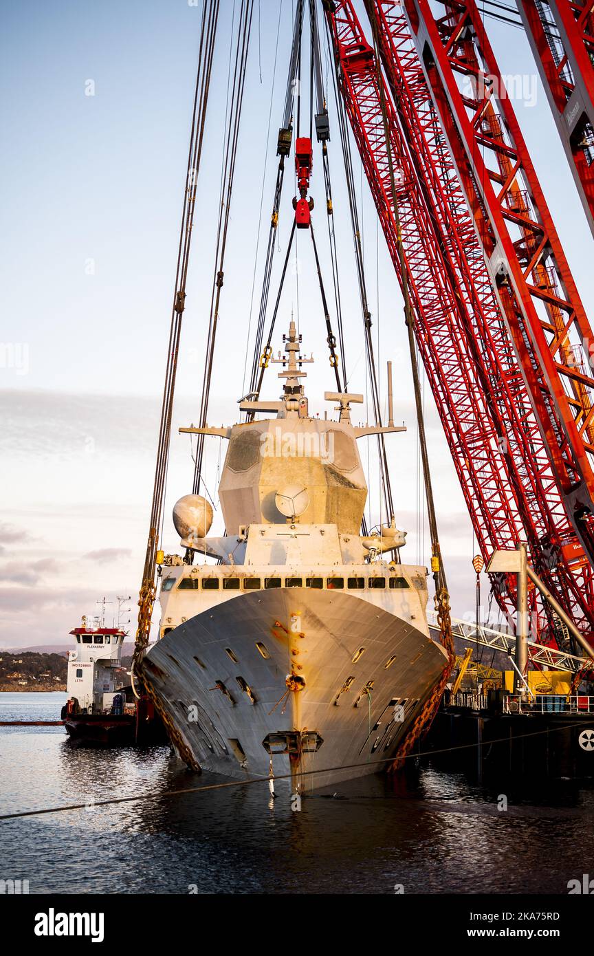 Bergen, Norway 20190228. Trhe wreck of the broken frigate KNM Helge ...