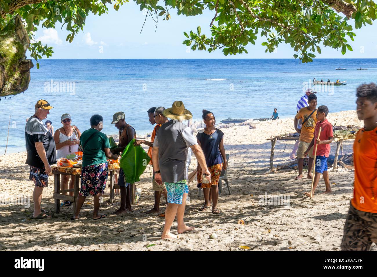 Locals preparing and cooking fish on open fire on beach, Kiriwina ...