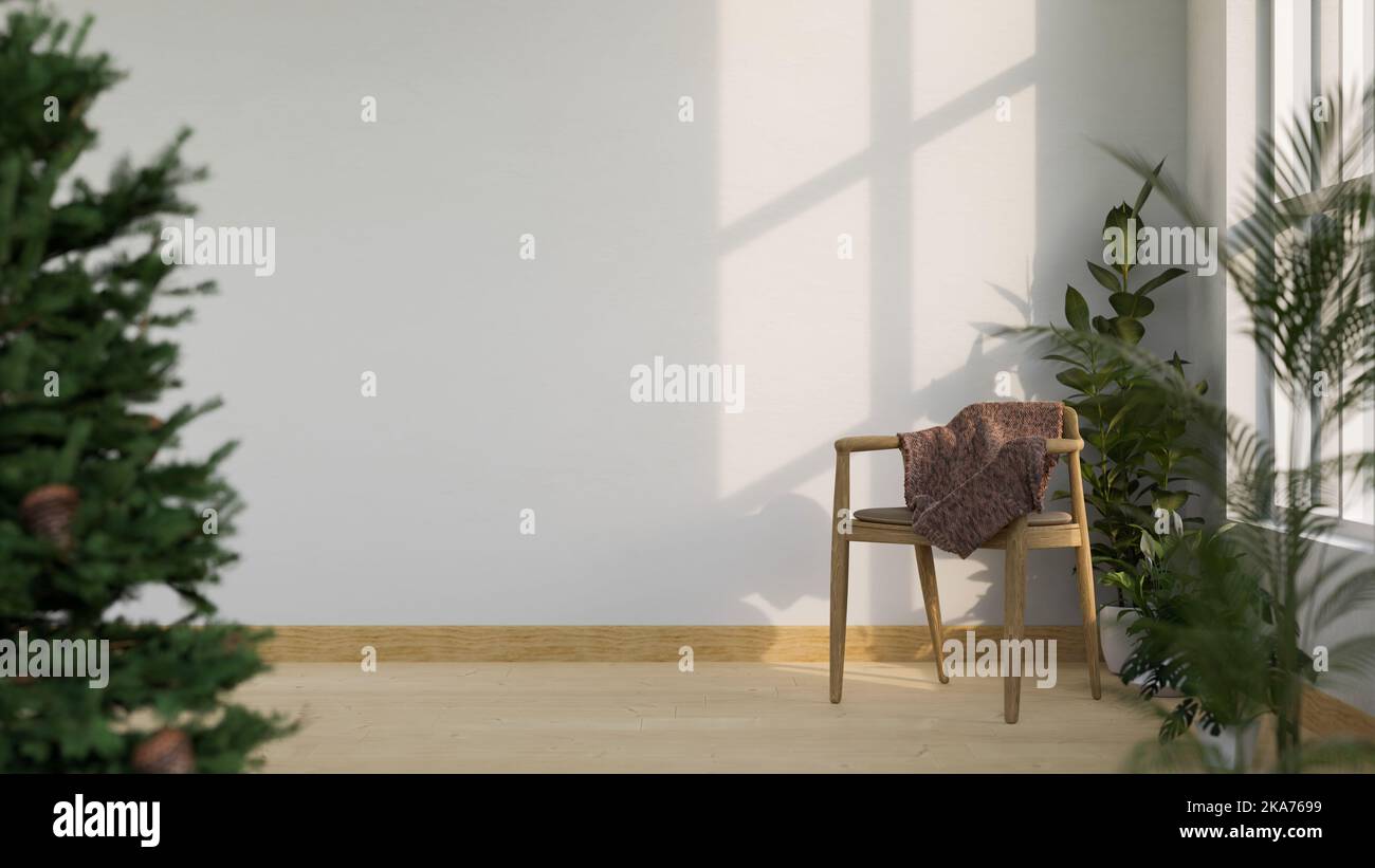 Minimal Scandinavian home living room with wooden armchair and indoor ...