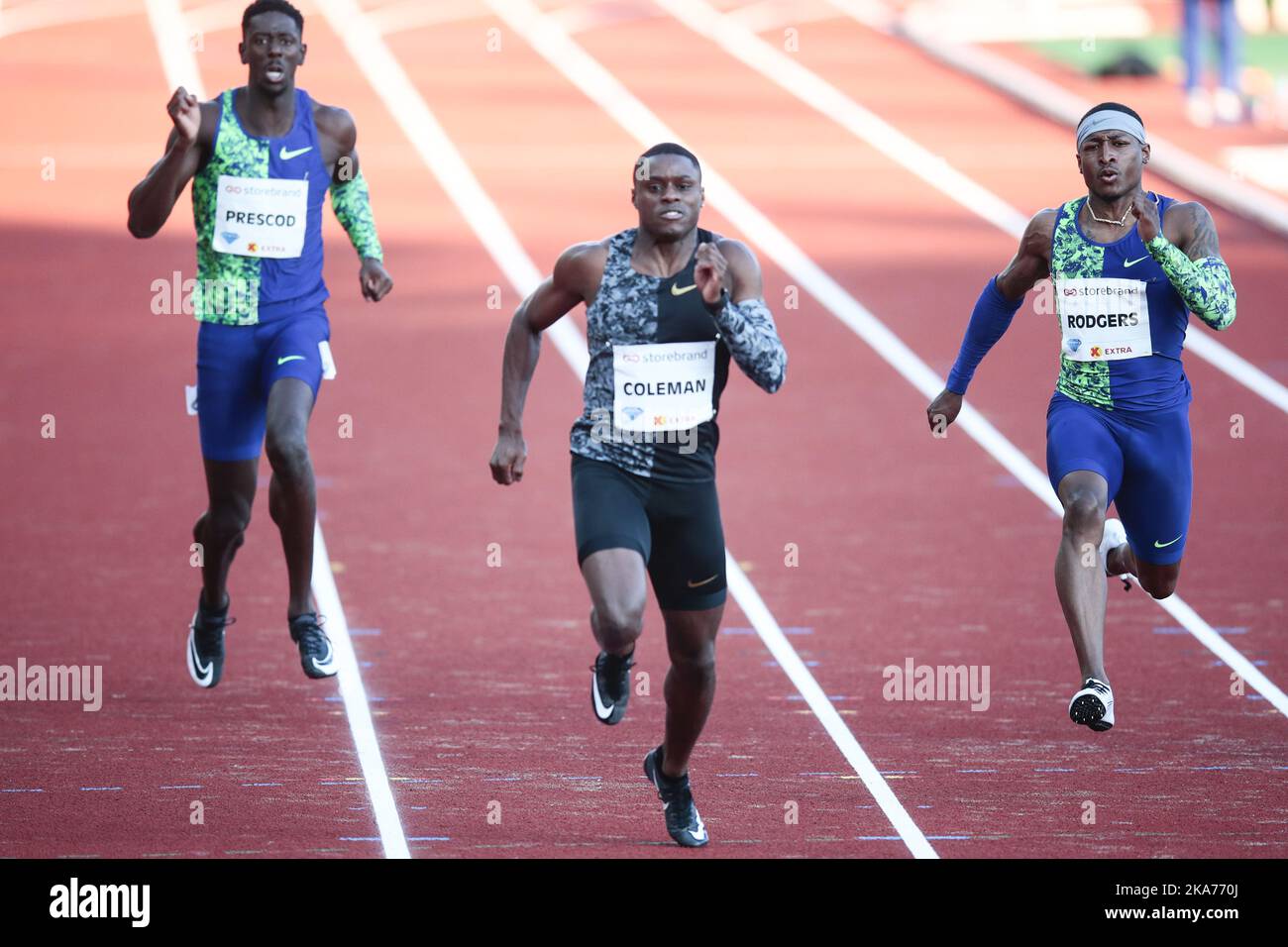 L-R Reece Prescod (GBR) Christian Coleman of US and Michael Rodgers of ...