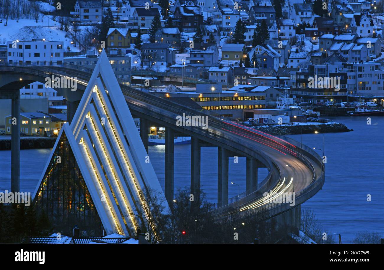 Tromsoe, NORWAY 20200114. Polar night in Tromsoe. Tromsoe Bridge, the ...