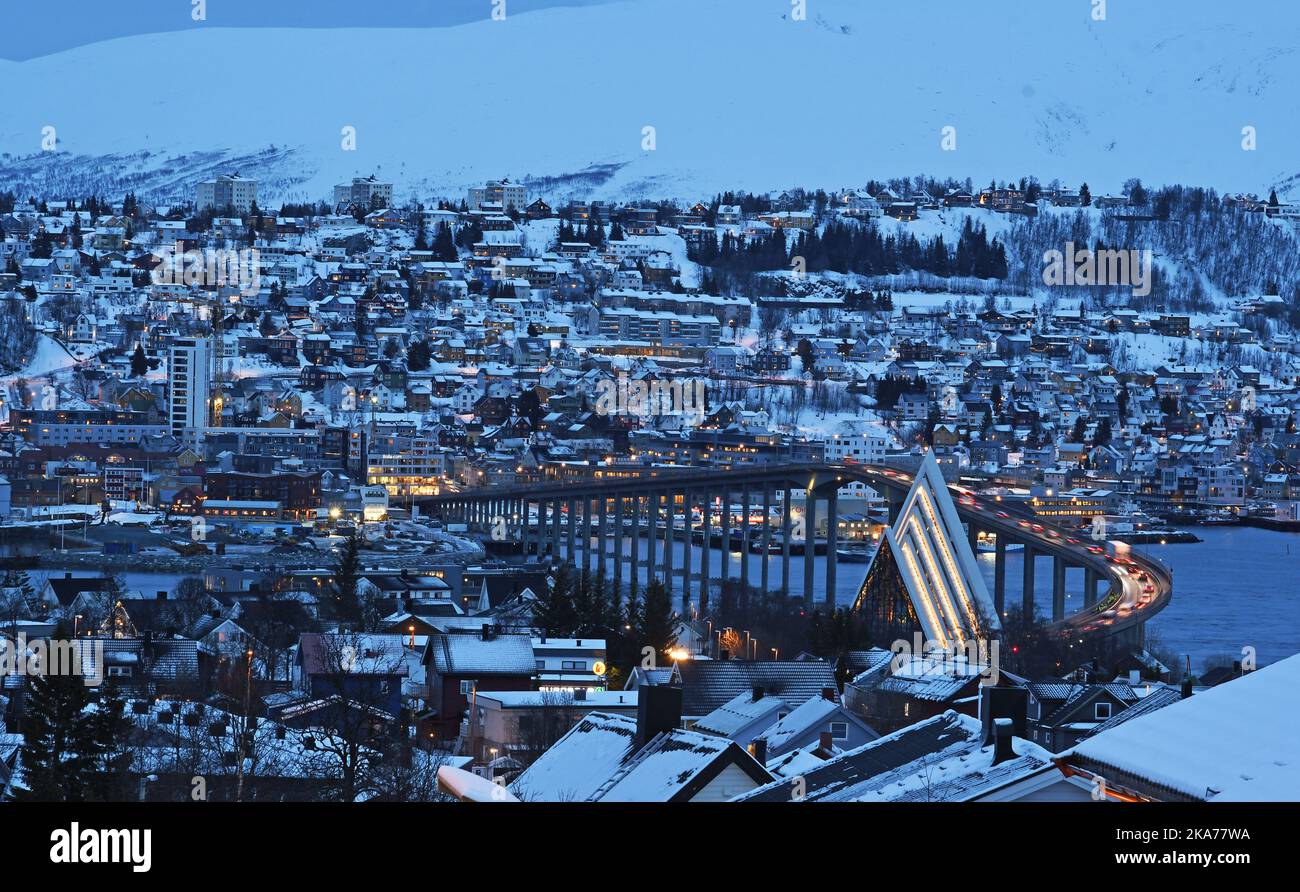 Tromsoe, NORWAY 20200114. Polar night in Tromsoe. Tromsoe Bridge, the ...