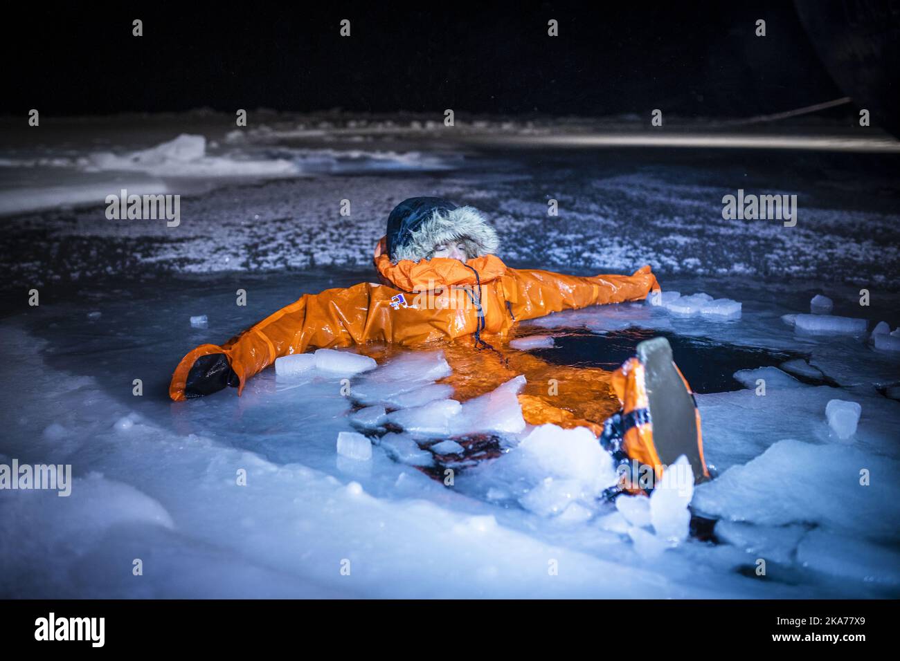 20191217. Aleksander Gamme tests out the survival suit that Boerge ...