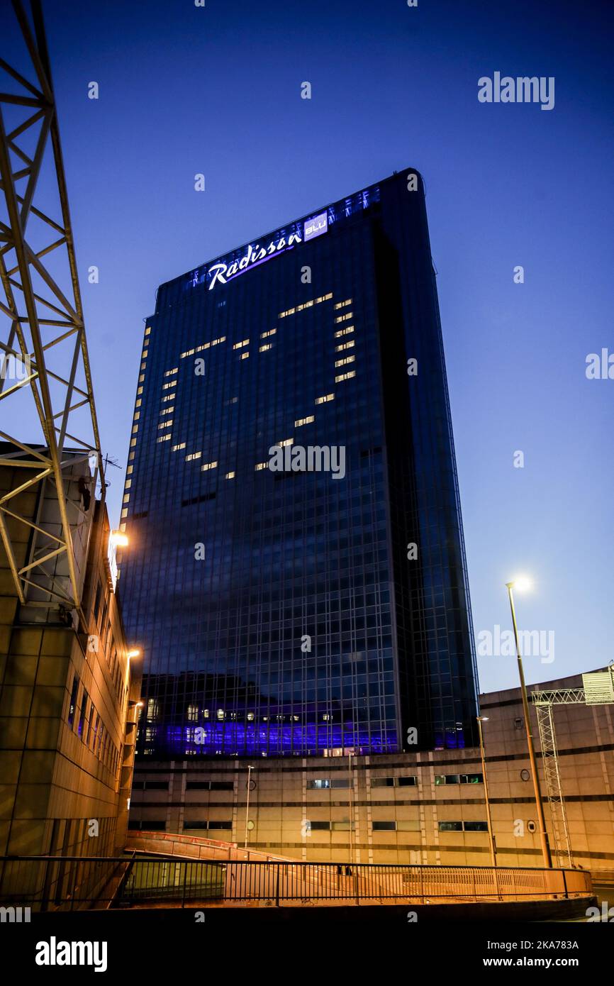 Oslo 20200401. Radisson Blu Oslo Plaza has formed a heart in the ...