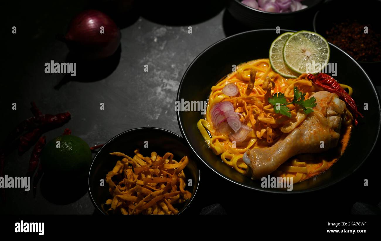 Yummy Northern Thai food, Khao Soi Kai or Thai spicy curry soup with ...