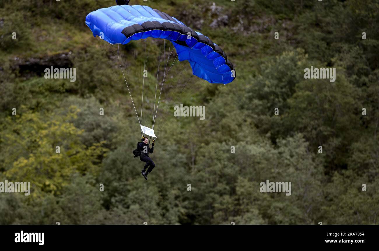 Hellesylt, Norway 20200906. Actor Tom Cruise in the air over Hellesylt ...