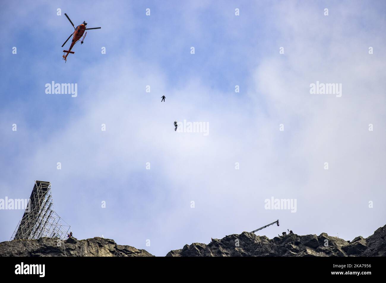 Hellesylt, Norway 20200906. Actor Tom Cruise in the air over Hellesylt ...