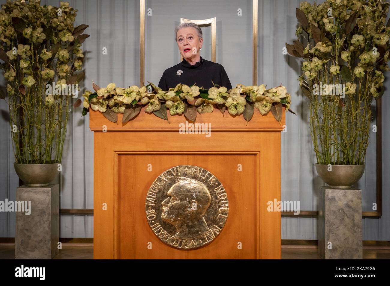 Oslo 20201210. Nobel Committee chair Berit Reiss-Andersen makes a short ...