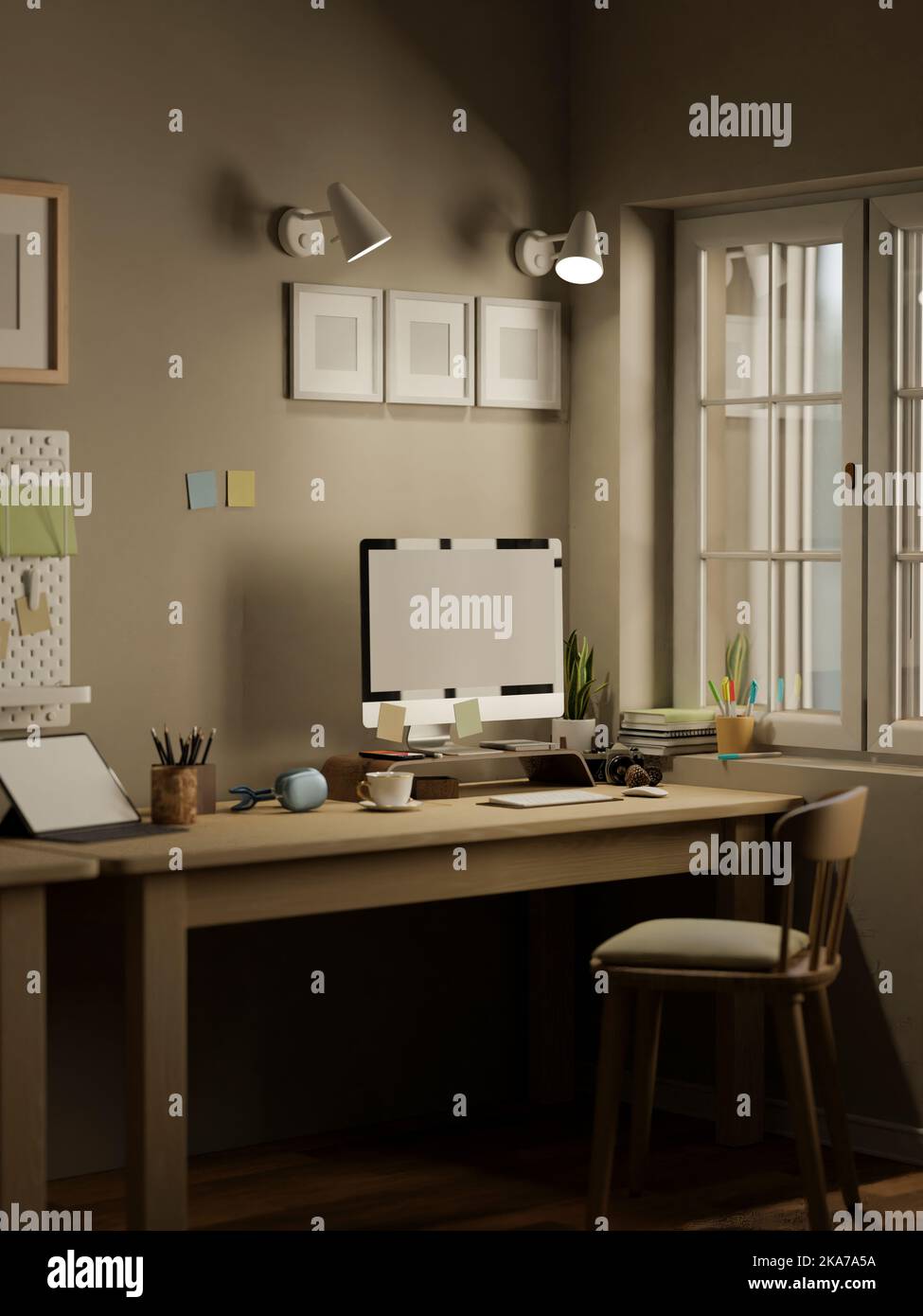 Modern contemporary home workspace with PC computer, tablet, stationery ...