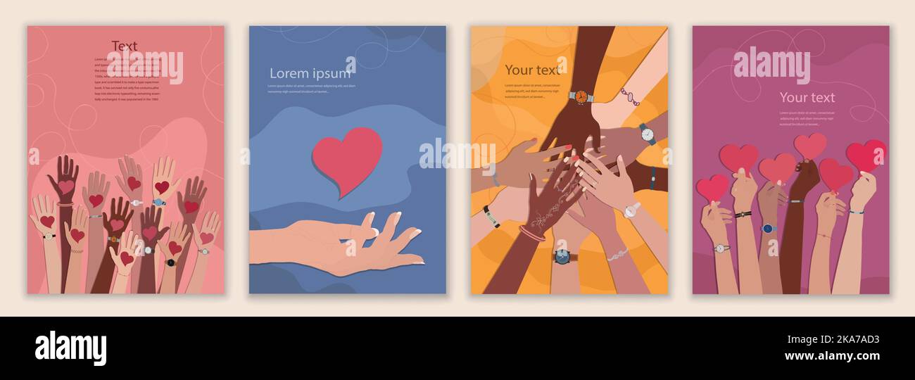 Leaflet - cover with group of volunteer diversity people. Hand up ...