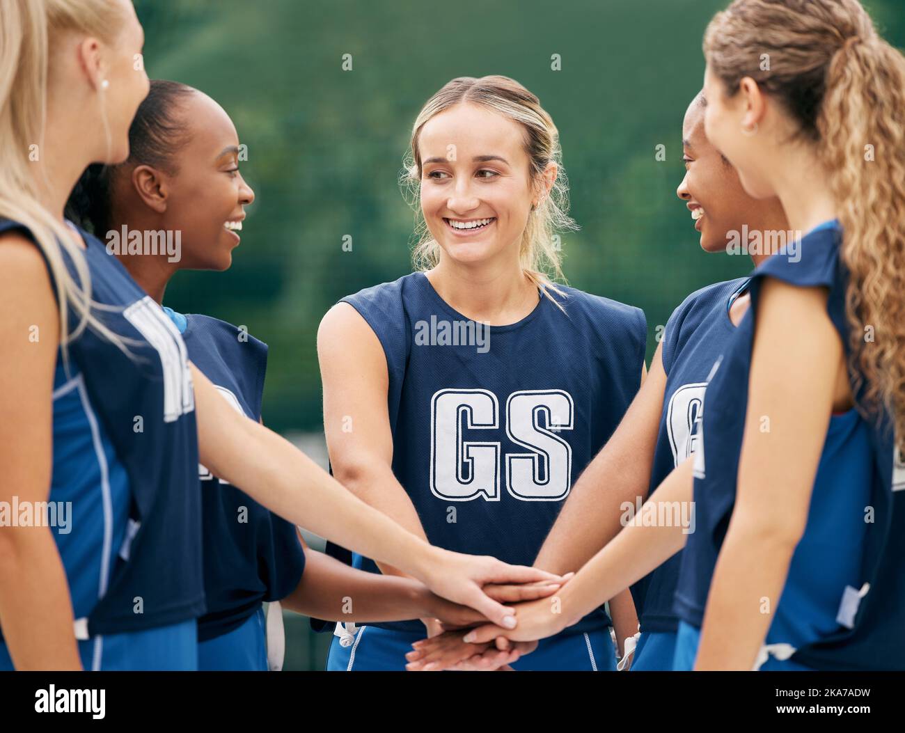 Women netball, teamwork huddle and hands in support, collaboration and ...