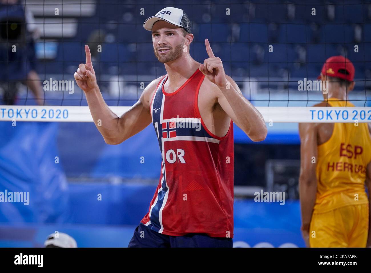 Tokyo, Japan 20210726. Anders Mol cheers for victory in the second sand ...