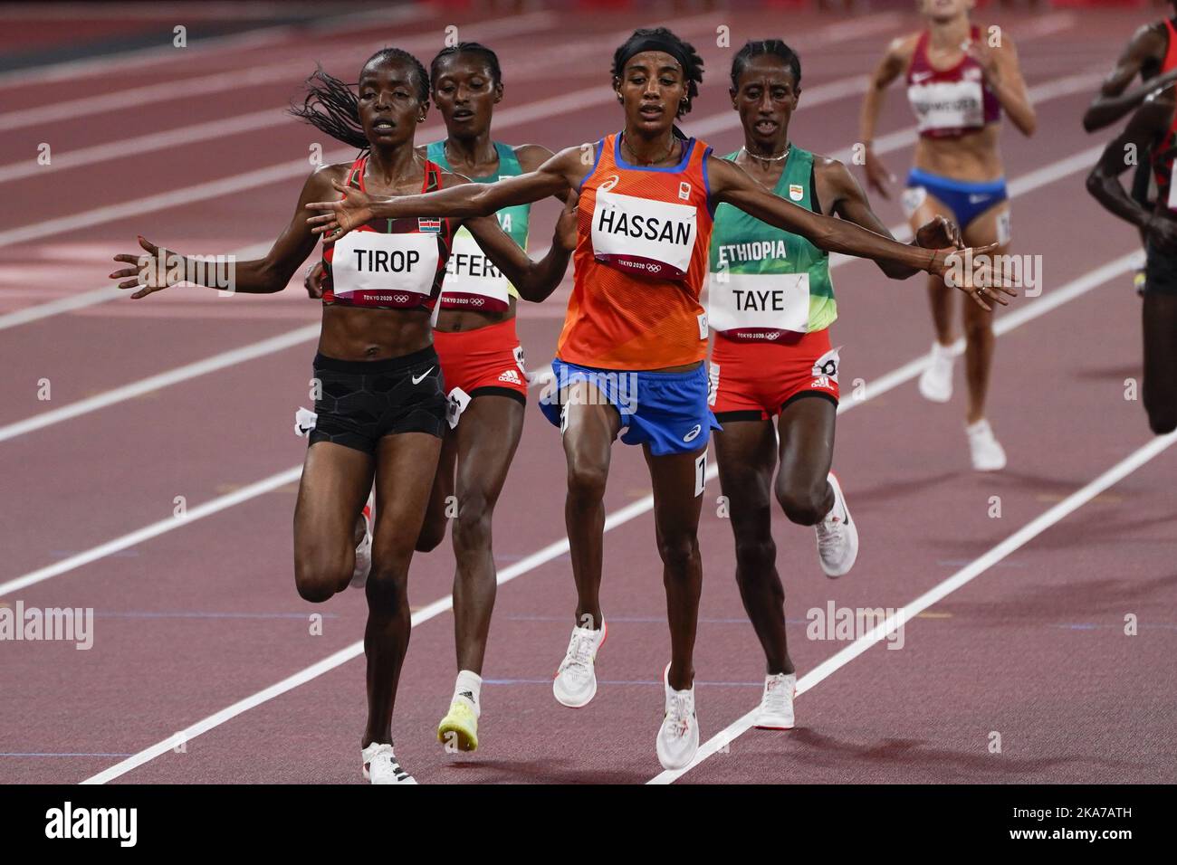Tokyo, Japan 20210730. Ethiopian-born Dutch athlete Sifan Hassan leads the finish line in the ...