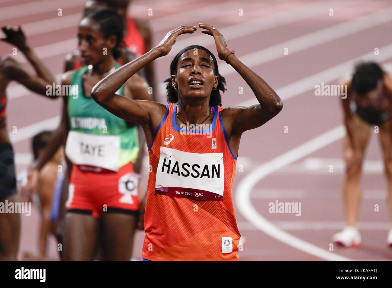Tokyo, Japan 20210730. Ethiopian-born Dutch athlete Sifan Hassan leads the finish line in the ...