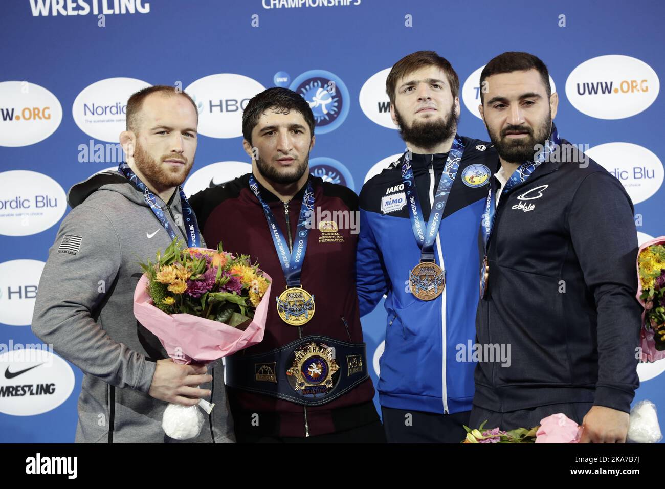 Oslo 20211005. The podium from left American Kyle Frederick Snyder 2nd ...