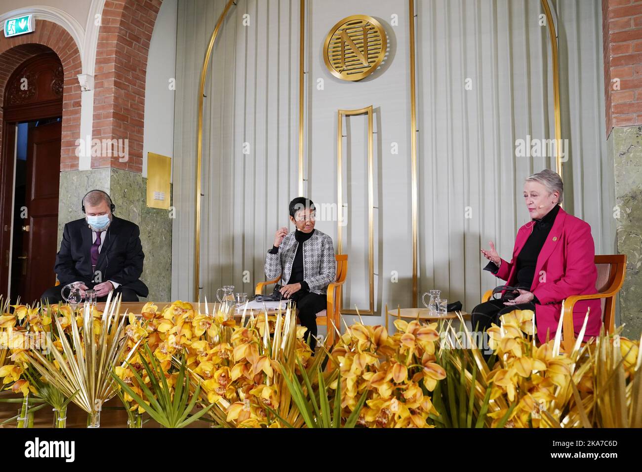 Oslo 20211209. (L-R) Peace Prize winner Dmitry Muratov, Maria Ressa and ...