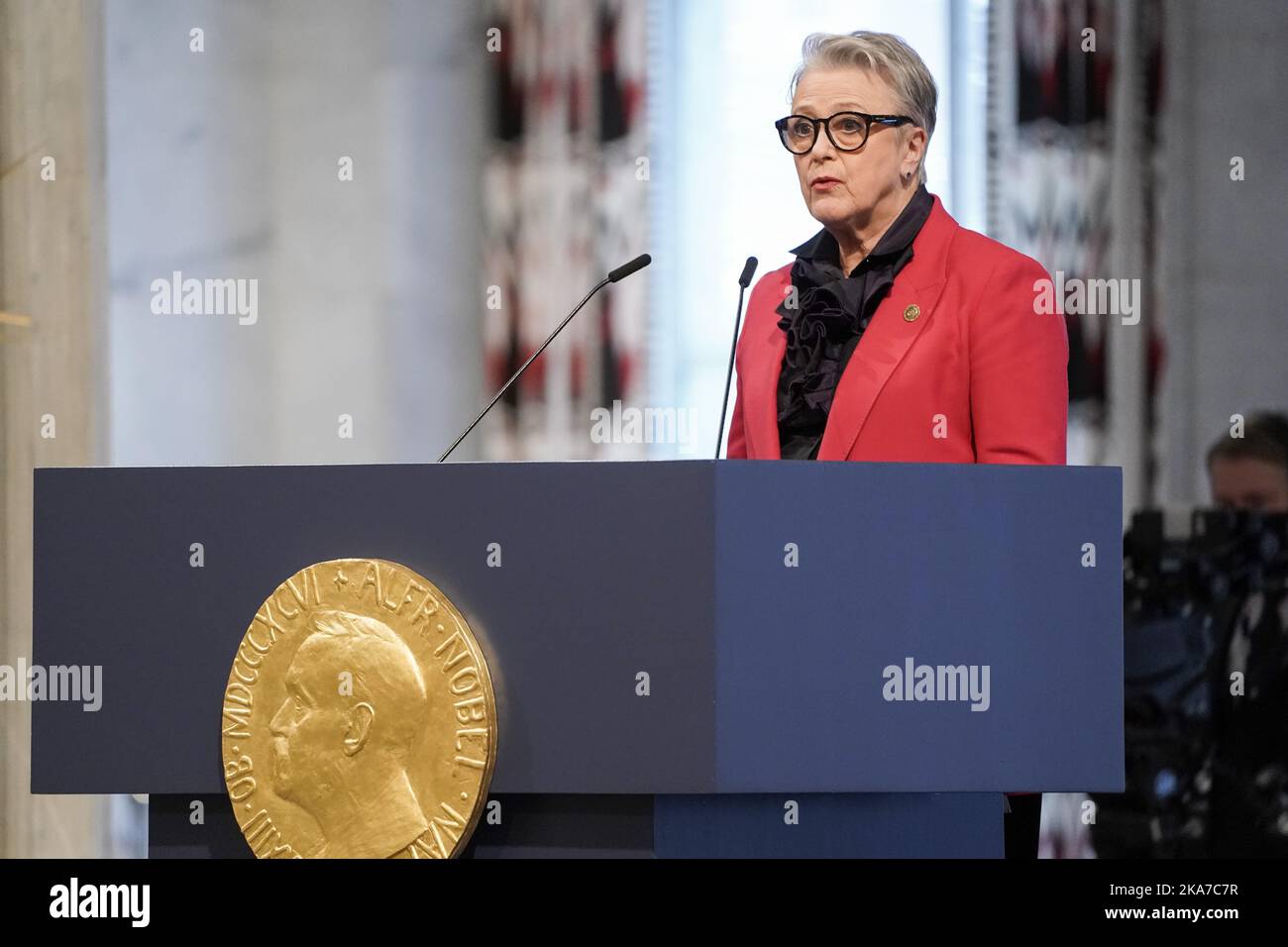 Oslo 20211210. Berit Reiss-Andersen, the leader of the Nobel Committee ...