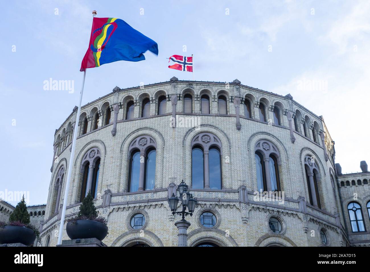 Oslo 20220206. The Sami flag in front of the Norwegian Parliament in ...