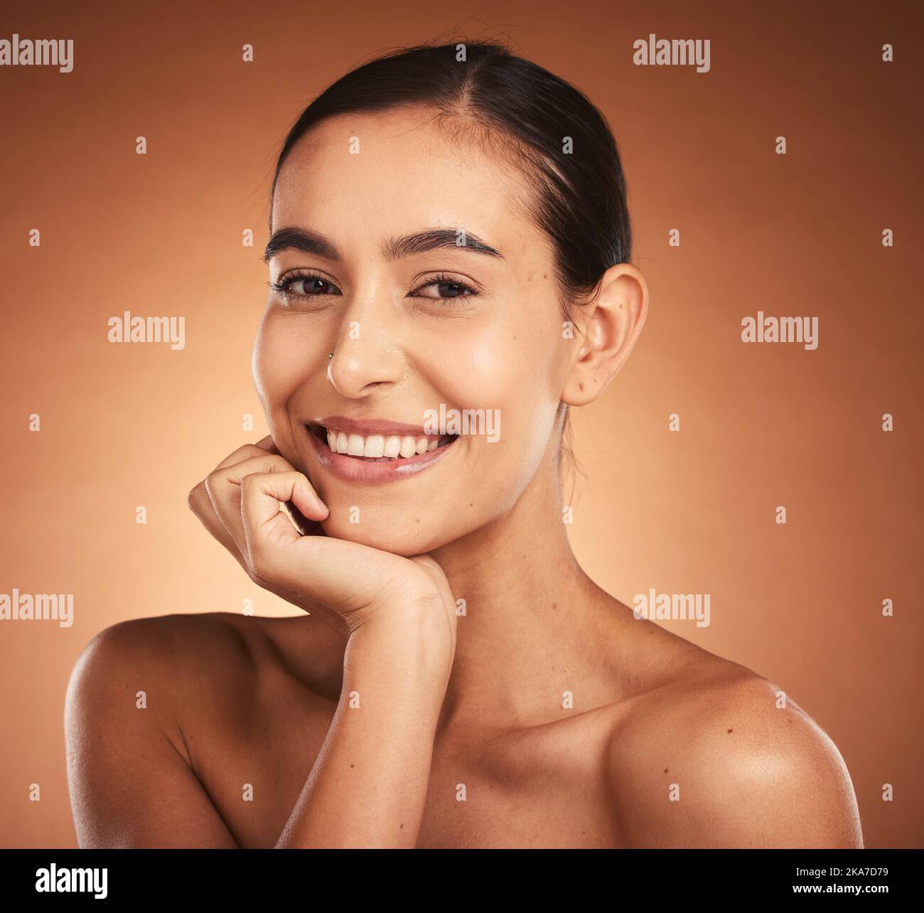 Beauty, woman and face with skincare and facial wellness advertising ...