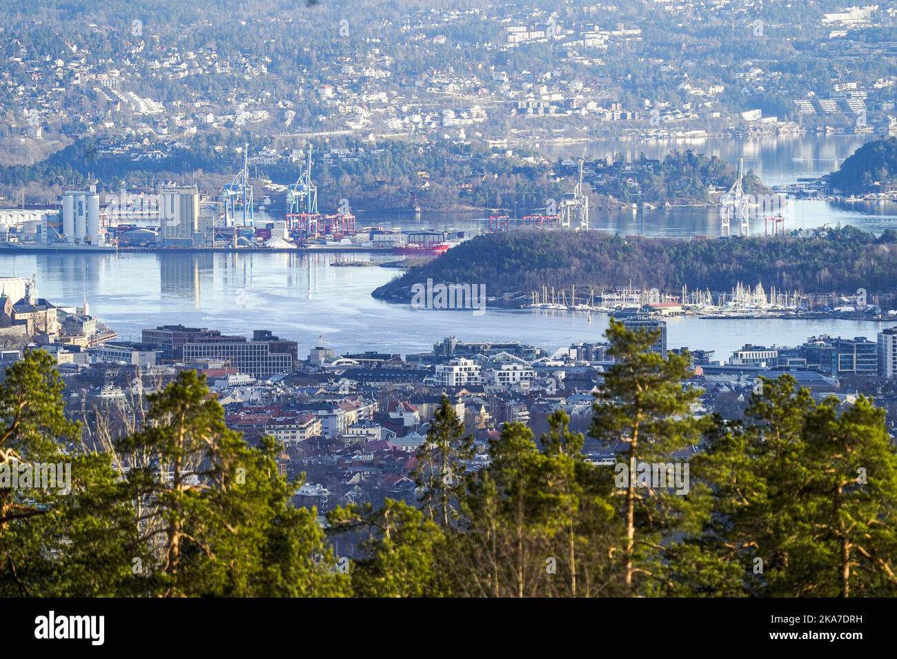 Oslo 20220306. View of Oslo. To the left: the container terminal on ...
