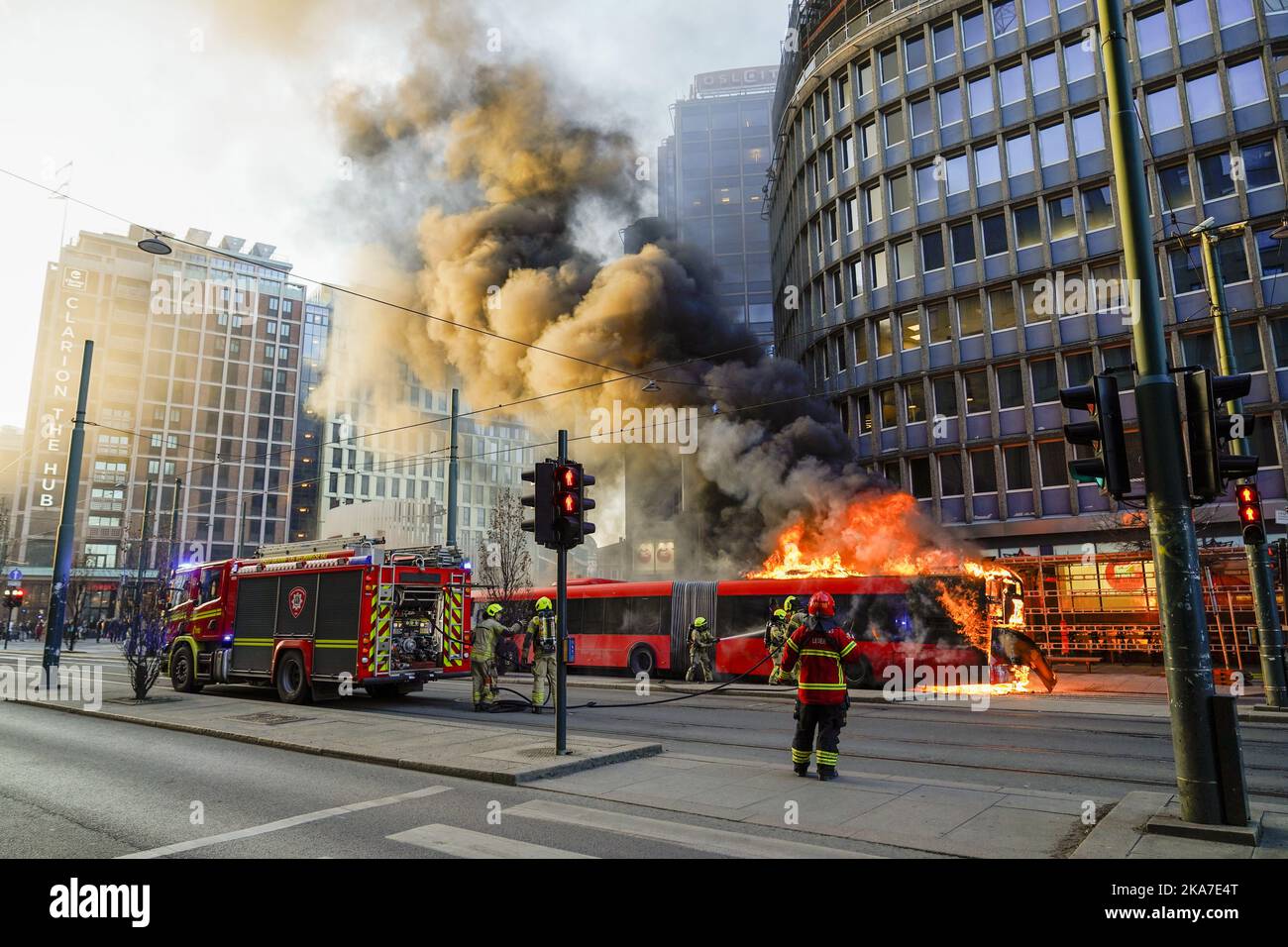 Oslo 20220331. Bus on fire outside Oslo city shopping centre on ...