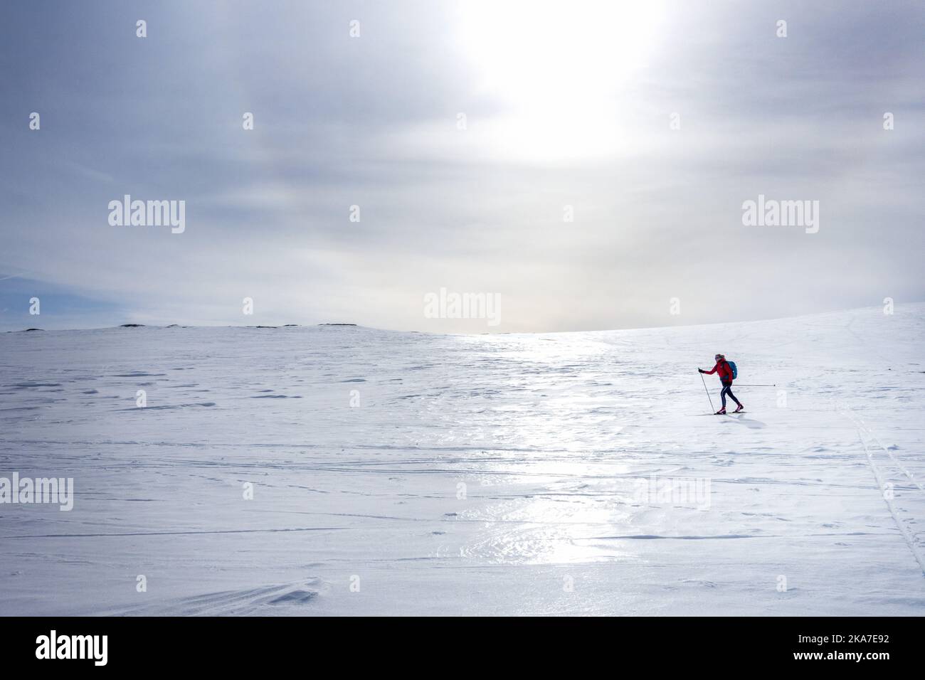 Storlien, Sweden 20220417. Woman skiing in sunny weather at ...