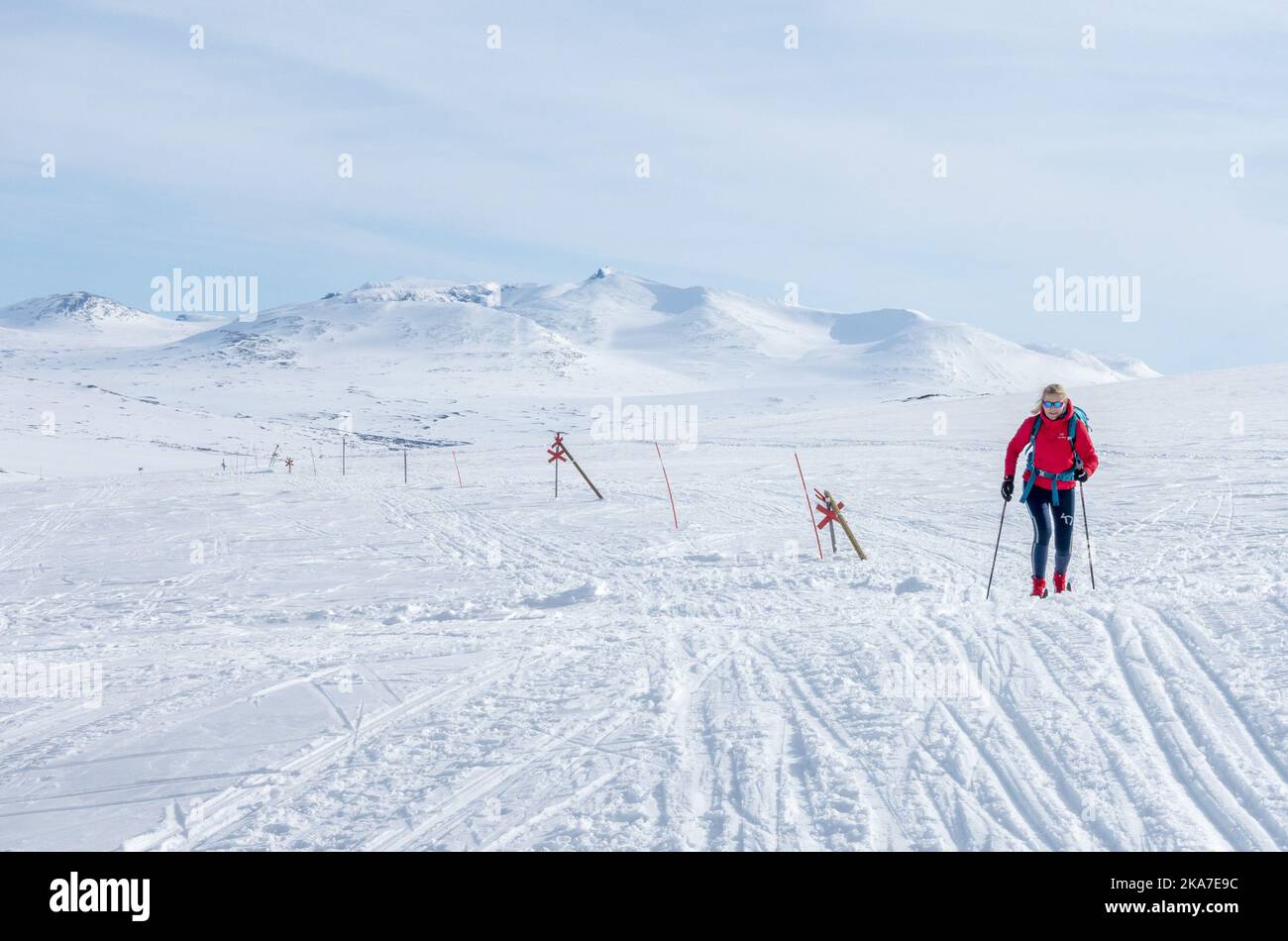Storlien, Sweden 20220417. Woman skiing in sunny weather at ...