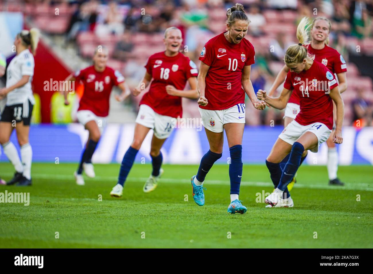 Brighton, England 20220707. Caroline Graham Hansen cheers after scoring ...