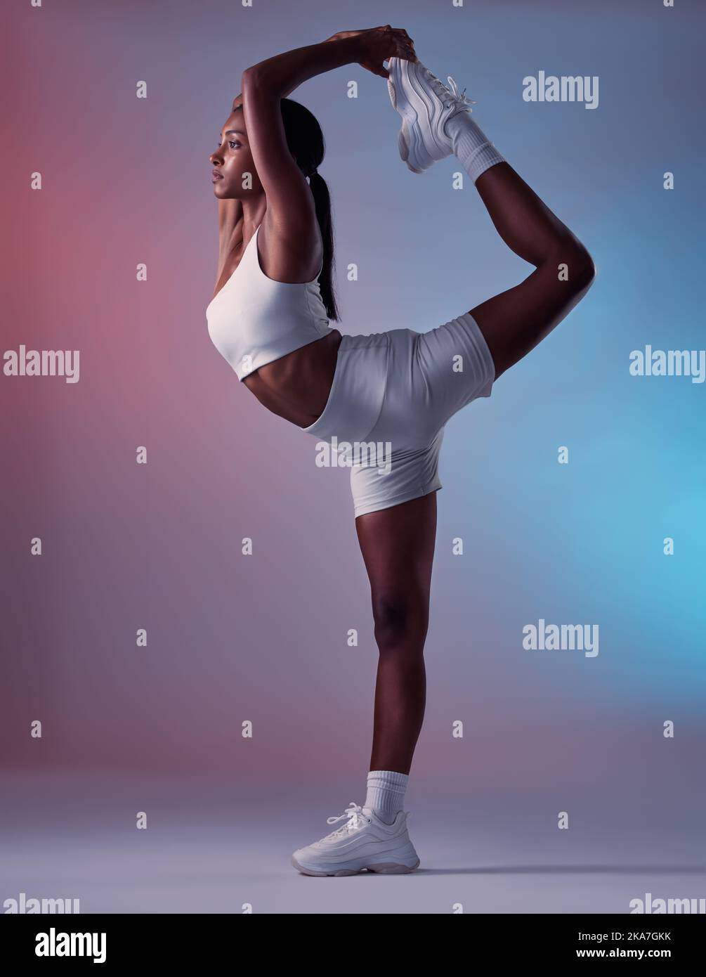 Fitness, woman and legs balance stretching for wellness, workout and ...