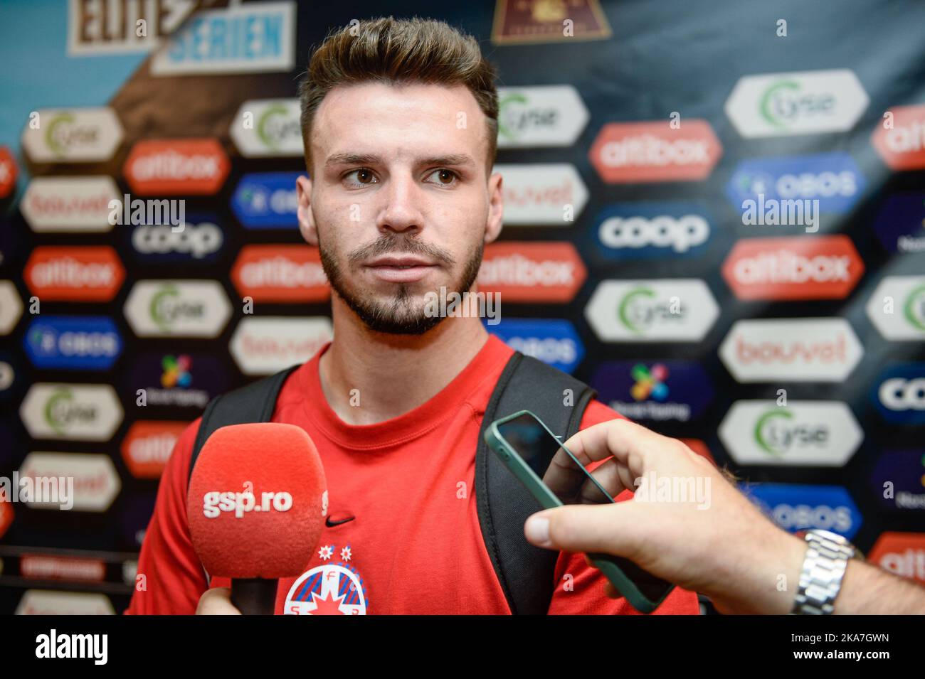 Stavanger 20220825. FCSB's Andrei Cordea in the interview zone after ...