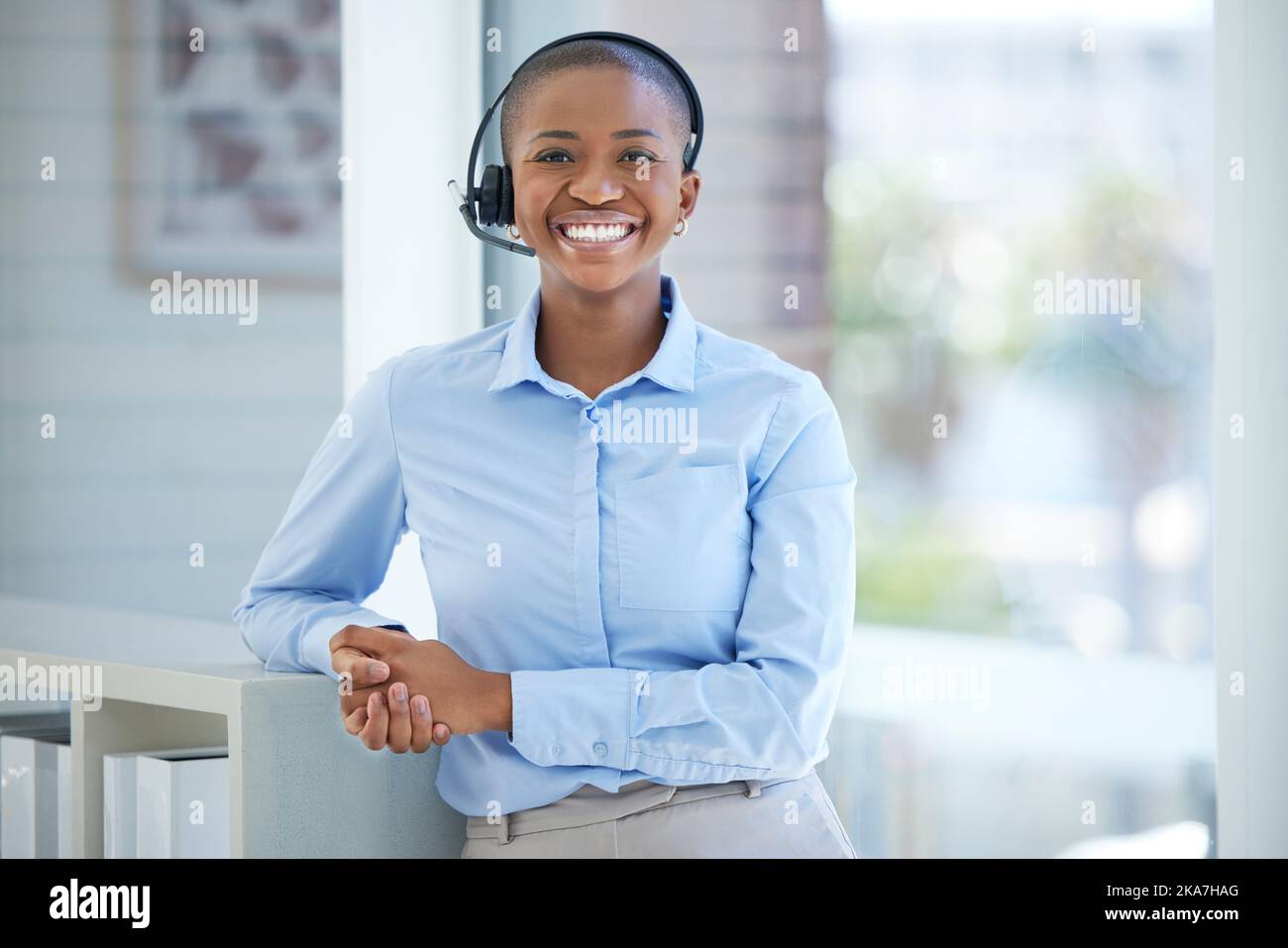Black woman, call center and portrait smile for telemarketing ...