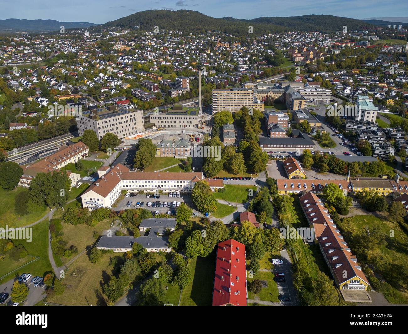 Oslo 20220921. Drone image of Oslo University Hospital Aker and the surrounding area. Photo ...