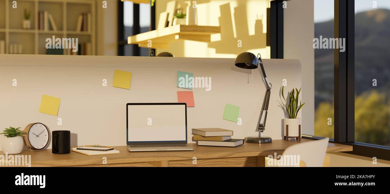 Minimal office workspace in office co-working space with laptop mockup ...