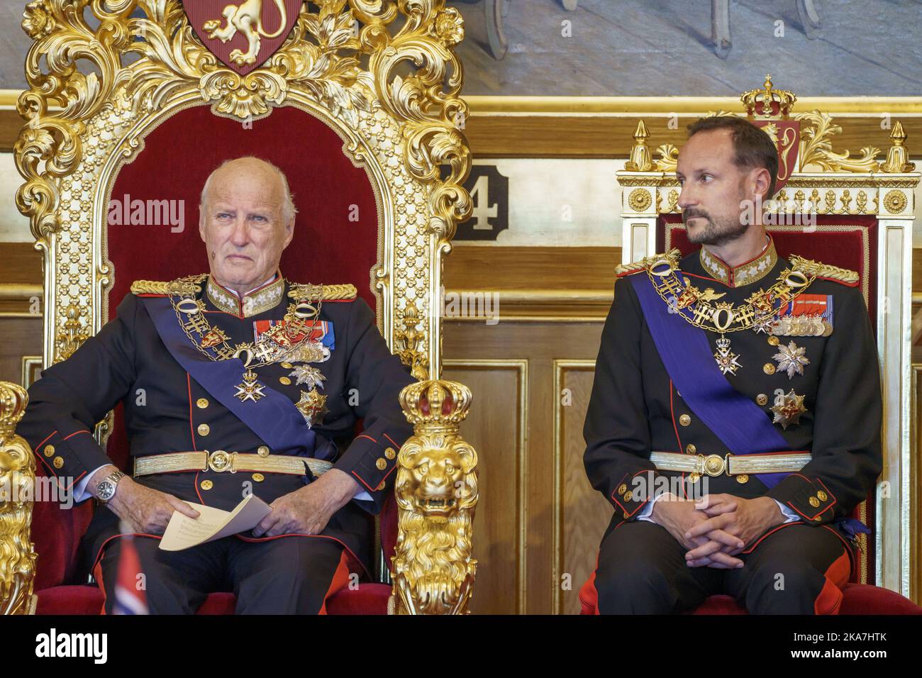 Oslo 20221003. King Harald and Crown Prince Haakon during the opening of the 167th Norwegian ...