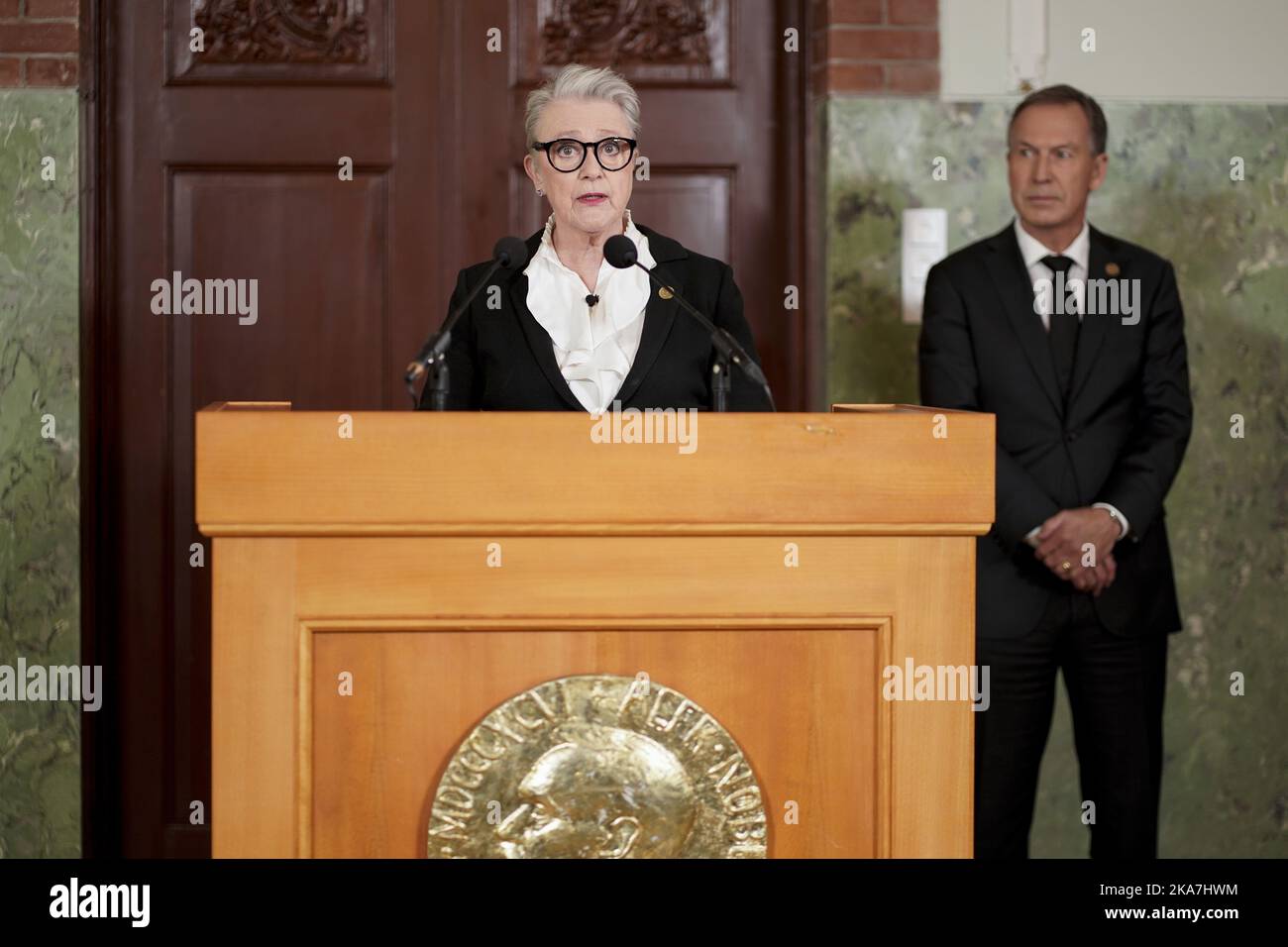 Oslo 20221007. Berit Reiss-Andersen, head of the Nobel Committee ...