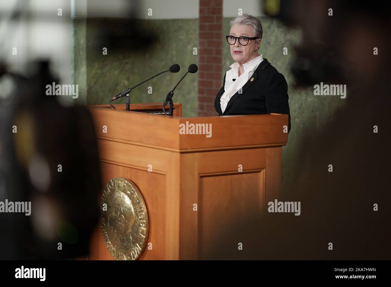 Oslo 20221007. Berit Reiss-Andersen, head of the Nobel Committee ...