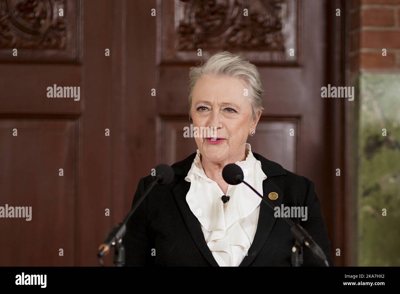 Oslo 20221007. Berit Reiss-Andersen, head of the Nobel Committee ...