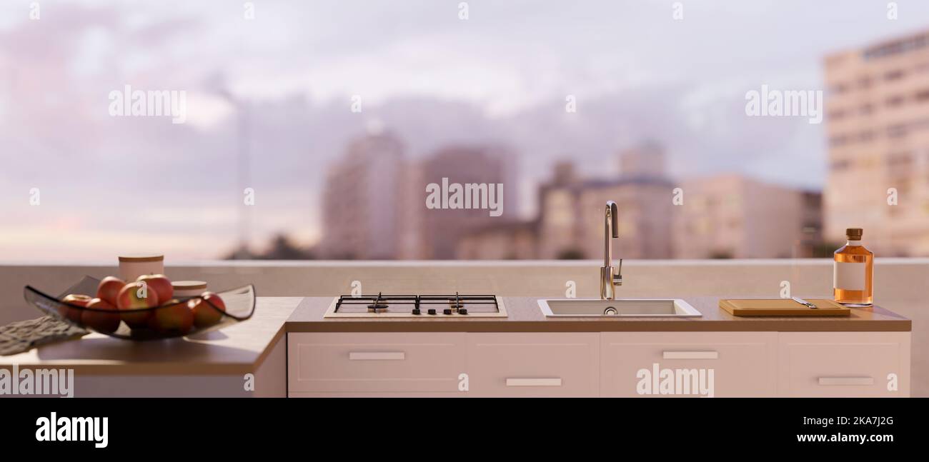 Modern apartment kitchen cooking space with modern kitchen countertop ...