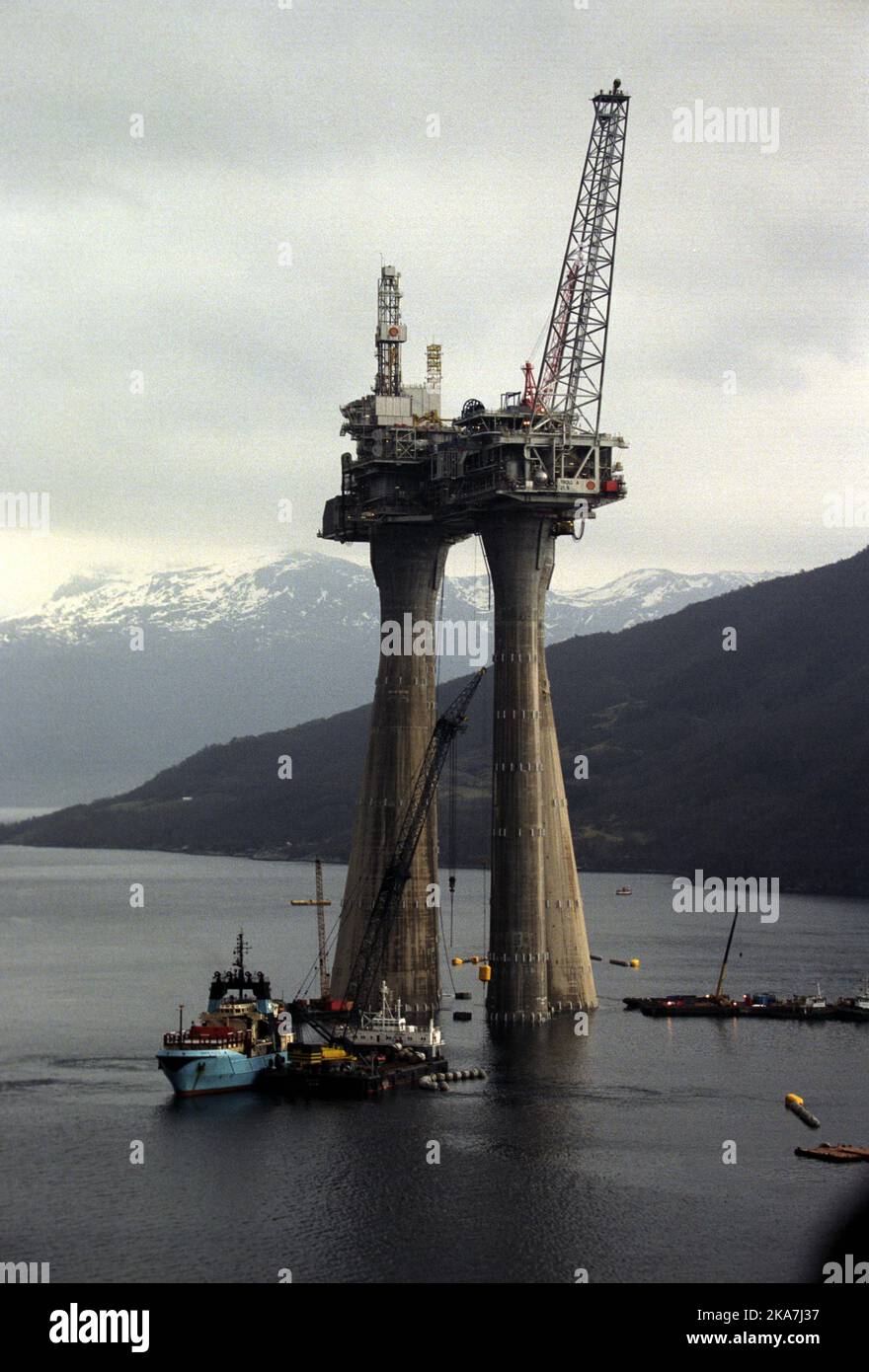 Yrkjefjorden outside Stavanger in Norway. Troll platform is towed to ...