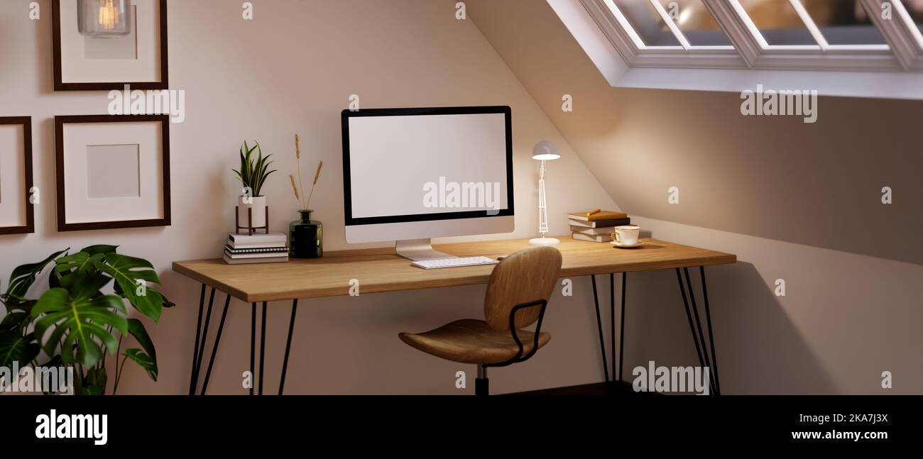 Modern minimal home office in attic room interior design with PC ...