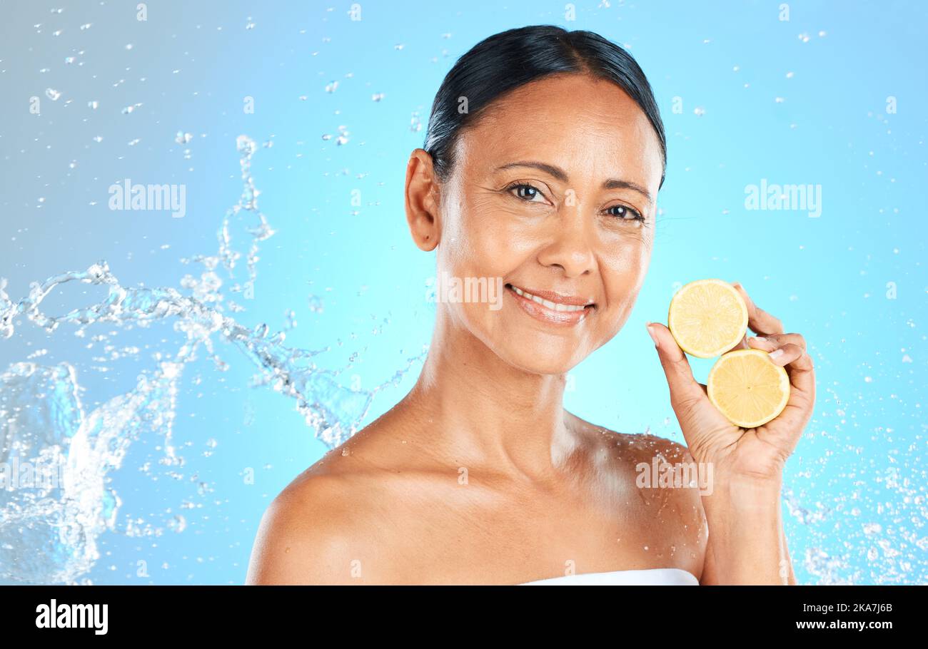 Lemon, skincare and beauty woman in studio mock up water splash for face, facial wellness and ...