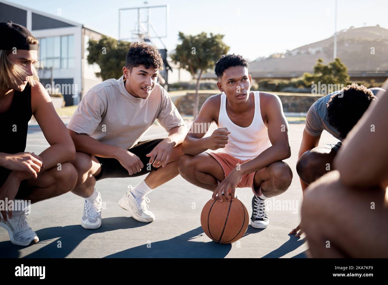 Basketball, team and meeting in game discussion for strategy, planning ...