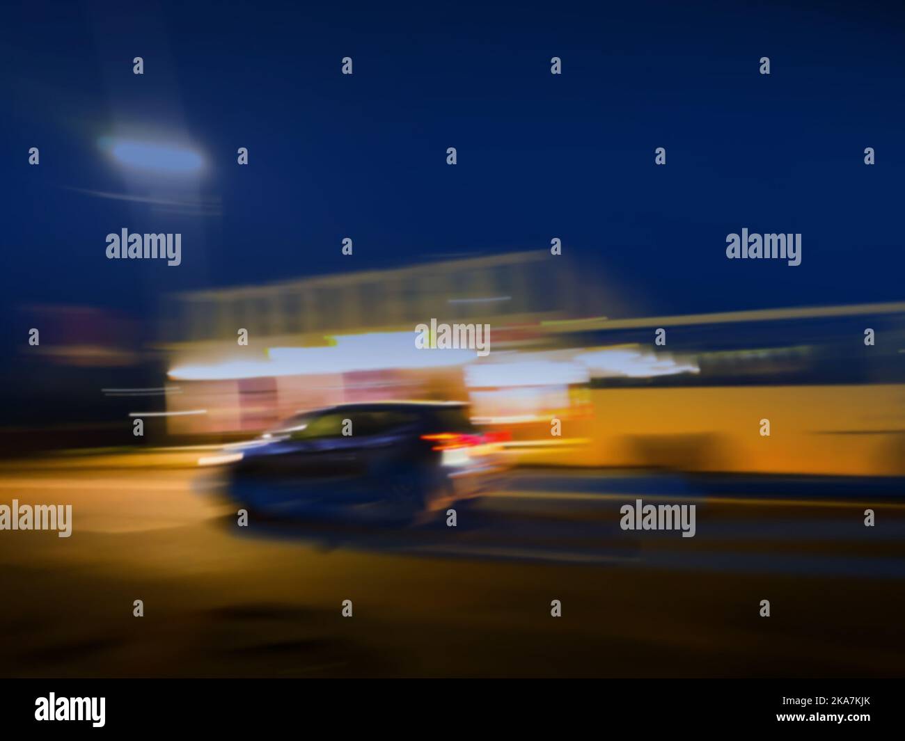 Blur effects car moves at fast speed. Blured neon glowing road with ...