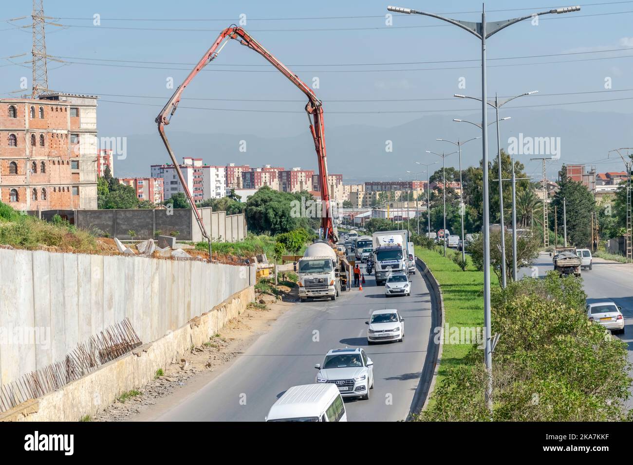 Traffic congestion on the RN1 national road because of a construction ...