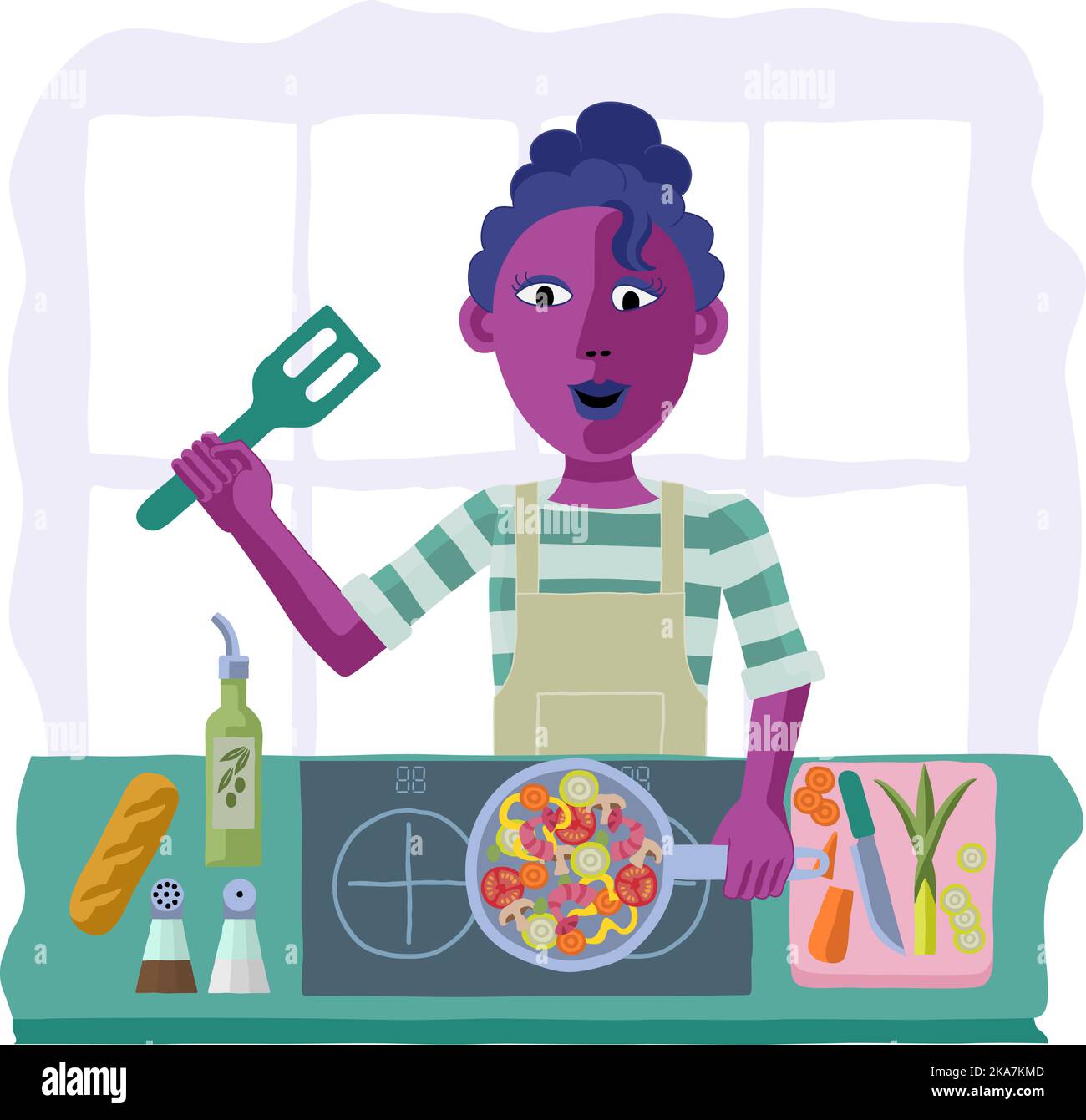 Woman Cooking Vegetable Curry Chinese Food Kitchen Stock Vector Image ...