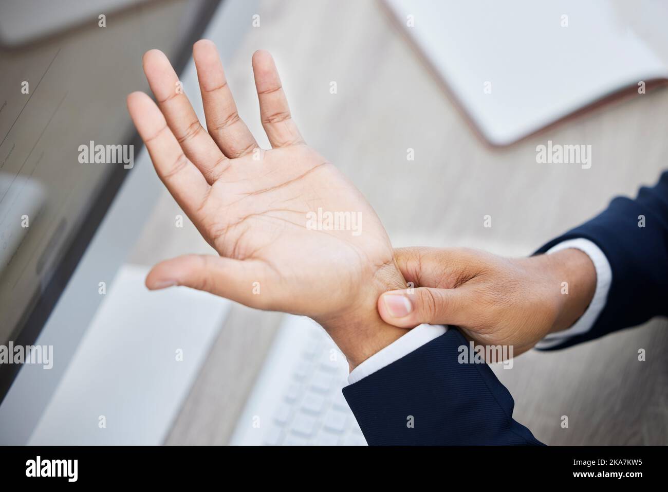 Business hands, pain and wrist on computer from working, discomfort or ...