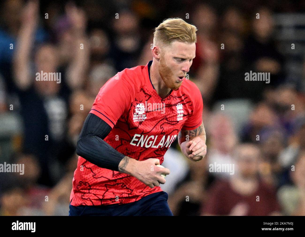England's Ben Stokes reacts after catching out New Zealand's Finn Allen ...