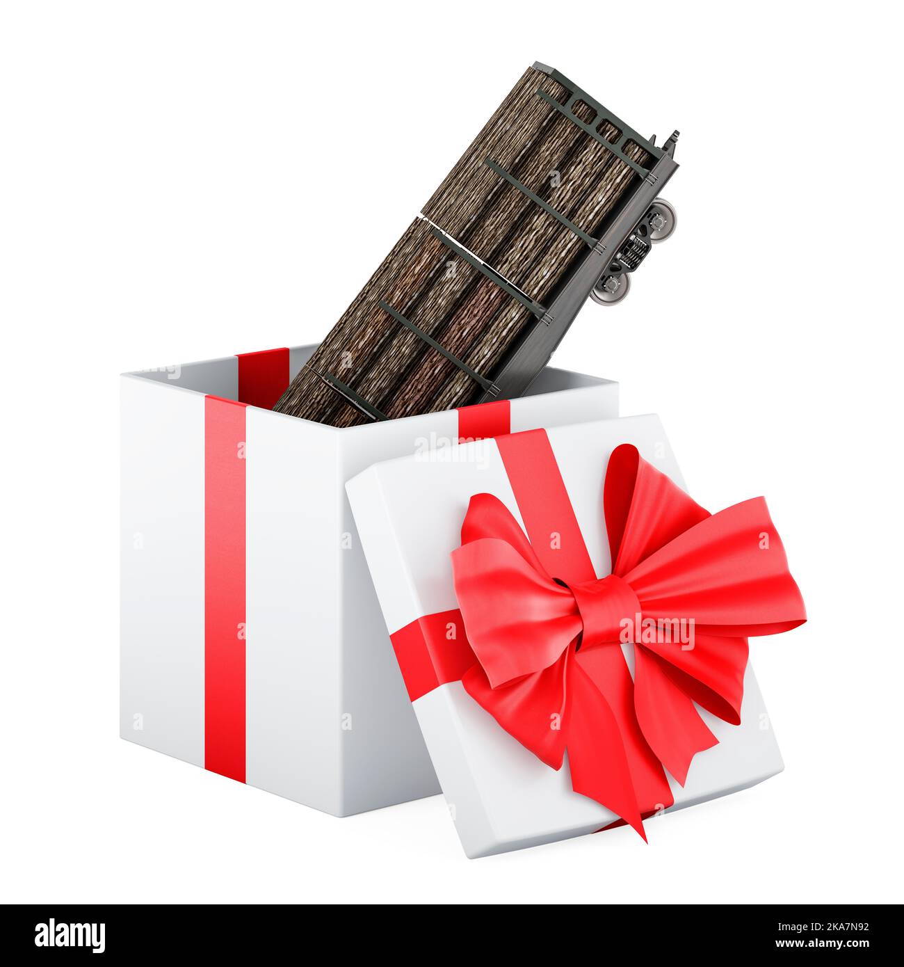 Freight wagon with wooden logs inside gift box, gift concept. 3D ...