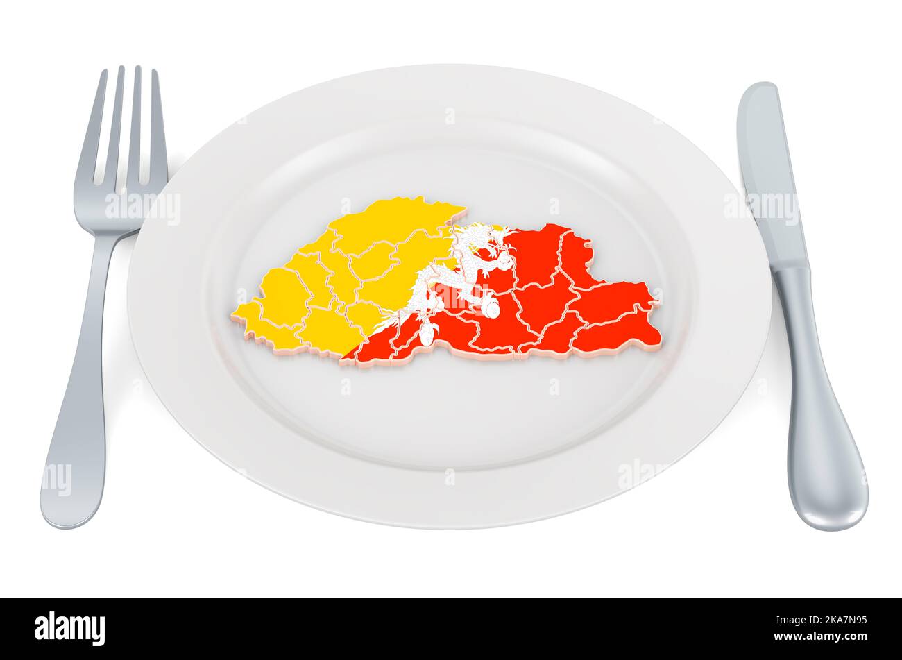 Bhutanese cuisine concept. Plate with map of Bhutan. 3D rendering ...